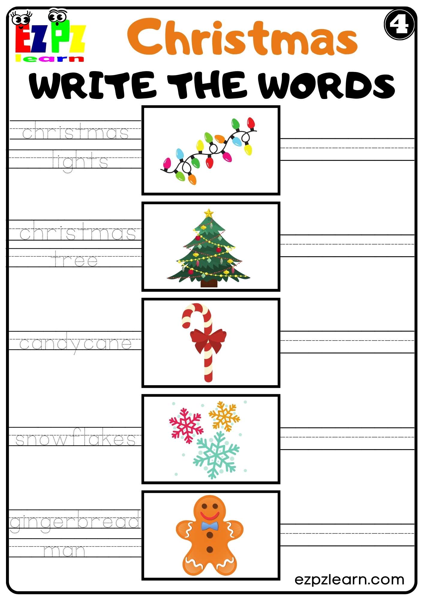 Christmas Holiday Write the Words Worksheet For K5 Kids and ESL Set 4 PDF Download - Ezpzlearn.com